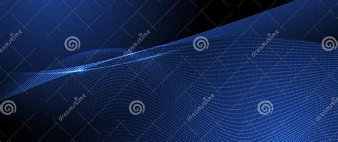 Vector Abstract Dynamic Wave Flow Mesh Particles Pattern And Dot On Dark Blue Background
