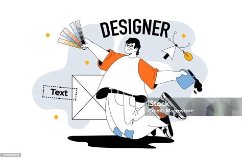 Designer Outline Web Modern Concept In Flat Line Design Man Working With Colours Palette And