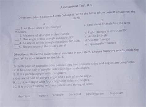 solved assessment test 3 directions match column a with column b