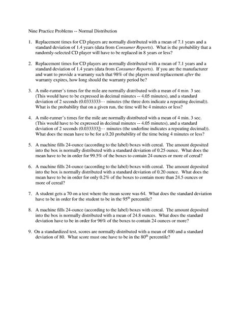 Normal Distribution Nine Practice Problems Nine Practice Problems