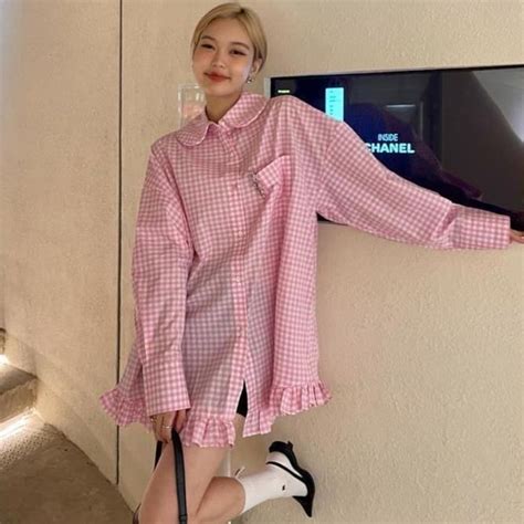 Houzhou 여성용 핑크 격자 무늬 긴 셔츠 Y2k 스트리트웨어 한국 패션 아름다운 시크 블라우스 카와이 귀여운 셔츠 케이팝 트렌드 제품 Aliexpress