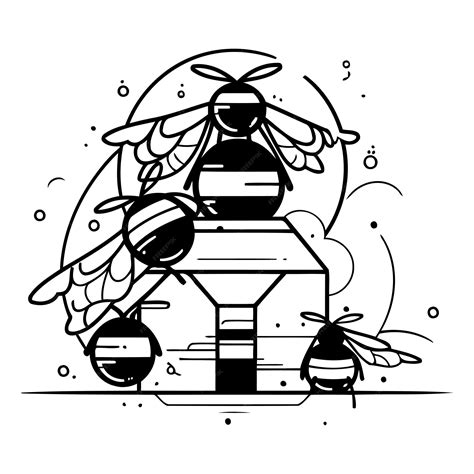 Abeja Y Panal Con Abejas Ilustración Vectorial En Estilo Lineal