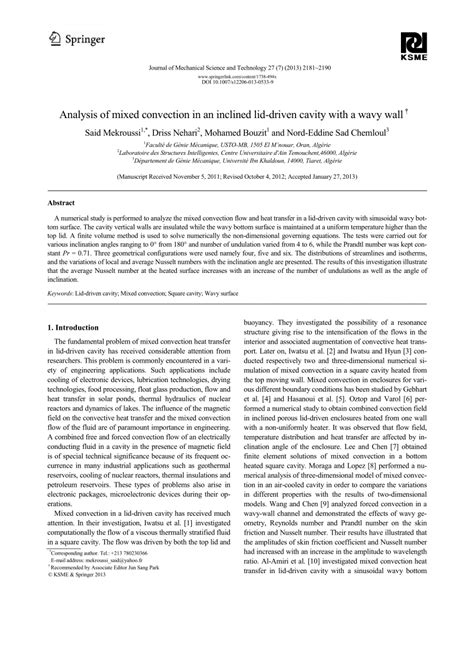 Pdf Analysis Of Mixed Convection In An Inclined Lid Driven Cavity