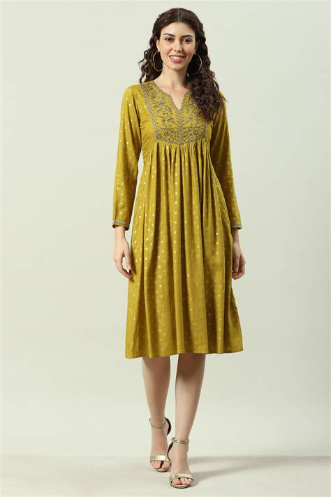Green Rayon Flared Printed Kurta Dress At Biba India
