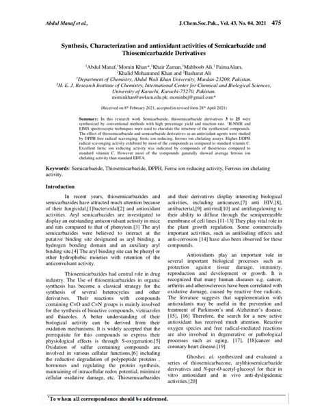 Pdf Synthesis Characterization And Antioxidant Activities Of Semicarbazide And