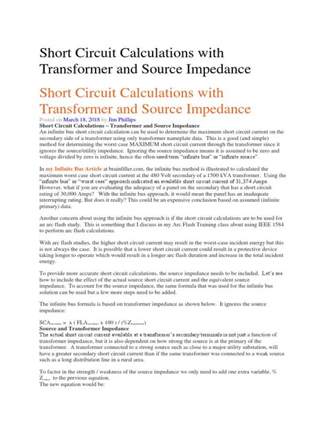 Short Circuit Calculations With Transformer And Source Impedance Download Free Pdf
