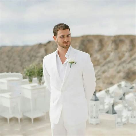 Summer Beach Ivory Linen Mens Wedding Suits 2019 Groom Tuxedos Best Man