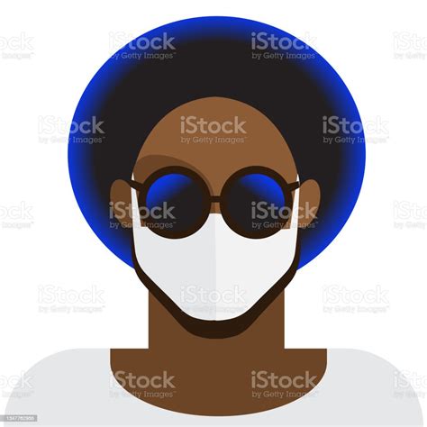 흰색 배경에 현대 활기찬 플랫 컬러에 Afro 아바타 아이콘얼굴 마스크를 착용 추상 성인 아프리카 계 미국인 남자 가린 얼굴에