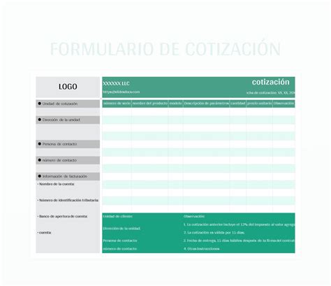 Plantilla de Excel Formulario De Cotización y Hoja de Cálculo de Google