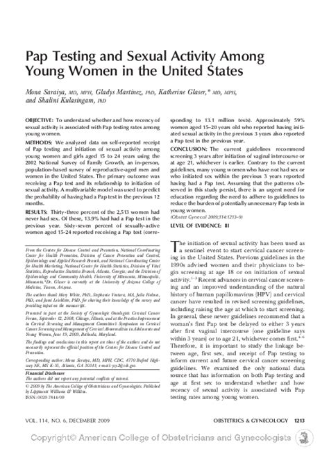 Pdf Pap Testing And Sexual Activity Among Young Women In The United States