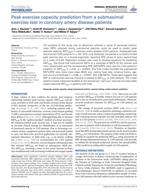 pdf peak exercise capacity prediction from a submaximal exercise test