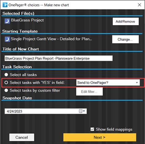onepager import of data from planisware enterprise for version 7 2