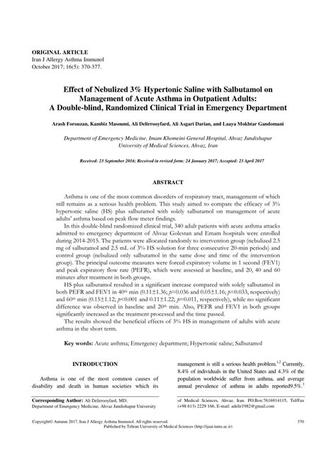 Pdf Effect Of Nebulized 3 Hypertonic Saline With Salbutamol On Management Of Acute Asthma In