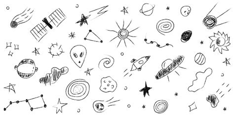 유치한 스타일로 설정된 낙서 코스모스 일러스트레이션 디자인 클립 아트 손으로 그린 추상적 인 공간 요소 흑백 낙서 드로잉에 대한