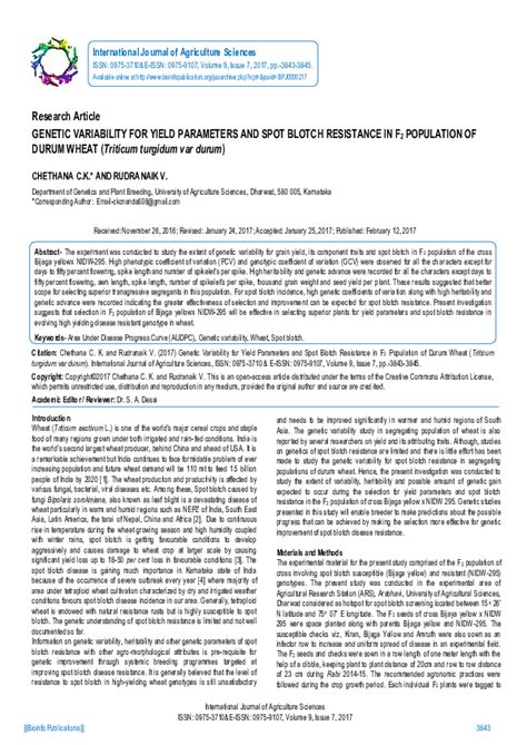 Pdf Genetic Variability For Yield Parameters And Spot Blotch Resistance In F2 Population Of