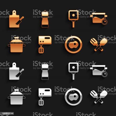 전기 믹서 요리 냄비 교차 포크와 숟가락 스크램블 에그 프라이팬 도마 칼 및 후추 아이콘을 설정합니다 벡터 강철에 대한 스톡 벡터 아트 및 기타 이미지 Istock