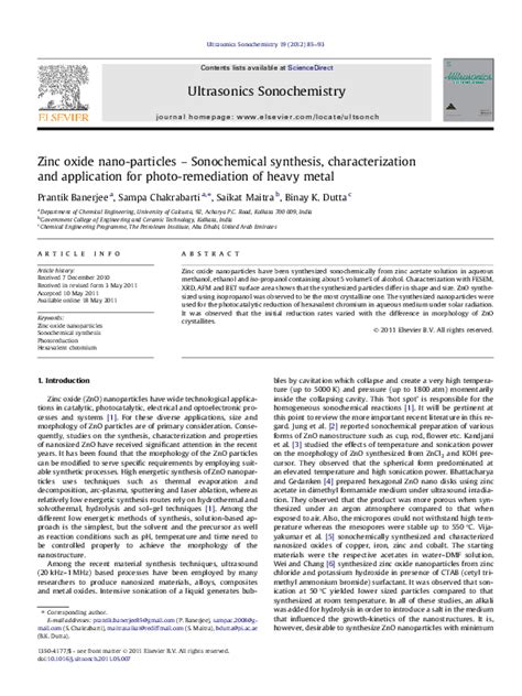 Pdf Zinc Oxide Nano Particles Sonochemical Synthesis Characterization And Application For