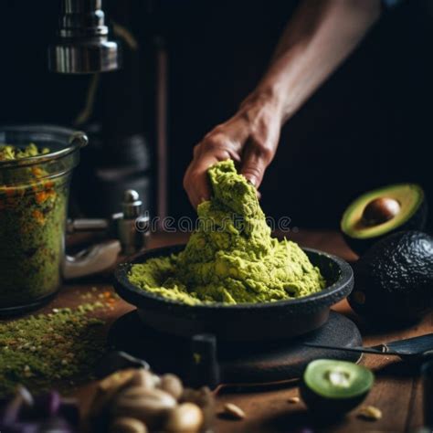 A Person Scooping A Piece Of Guacamole Into A Bowl Generative Ai Image
