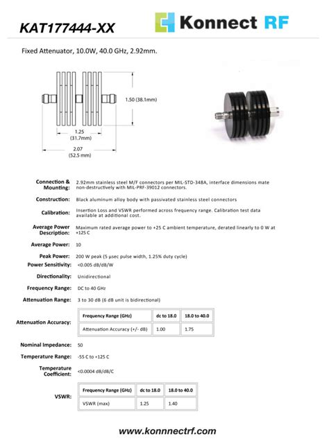 Fixed Attenuator 292mm Malefemale 50 Ohm Dc 40 Ghz 10 Watts 5 Db