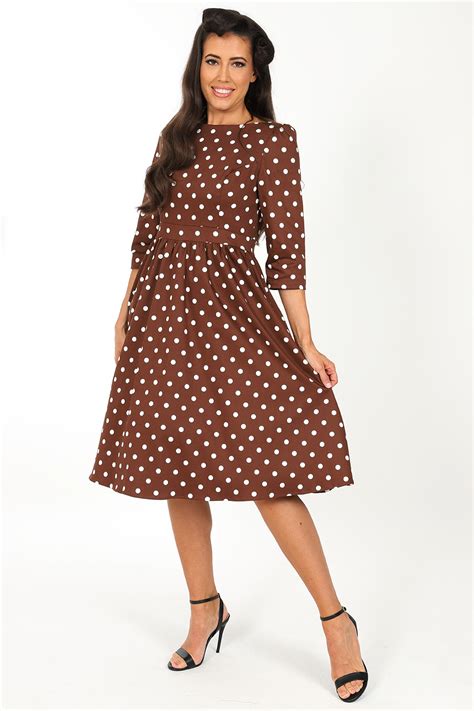 Milana Polka Dot Swing Dress In Brown Hearts And Roses London