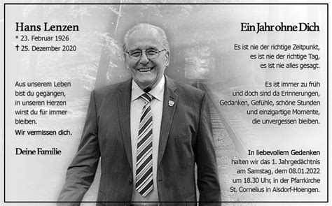 Traueranzeigen Von Hans Lenzen Aachen Gedenkt