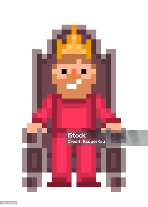 빨간 의상과 황금 왕관 흰색 배경에 고립 된 픽셀 아트 캐릭터의 왕좌에 앉아 왕 고전적인 복고풍 80 년대 90 년대 슬롯 머신비디오 게임 그래픽 8 비트 황제 로고입니다