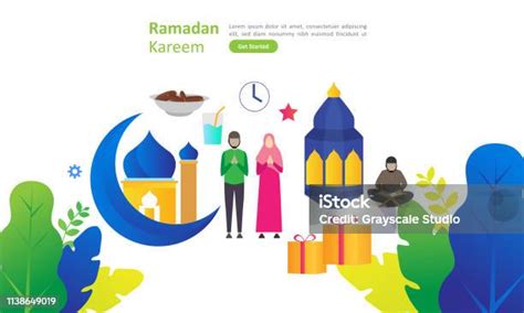 라마단 카림 인사말 디자인 웹 방문 페이지 Ui 모바일 앱 배너 템플릿에 적합 한 금식 사람들의 캐릭터 활동 Eid Ul