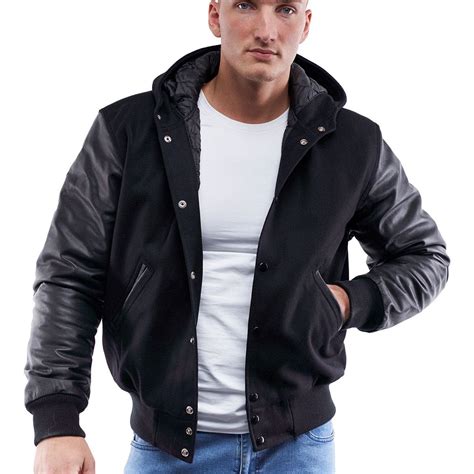Mens Letterman Varsity Leather Jacket In Black Arcane Fox