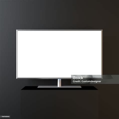 금속 프레임과 스탠드가있는 프리미엄 스마트 Tv 검은 벽에 흰색 화면입니다 현실적인 0명에 대한 스톡 사진 및 기타 이미지