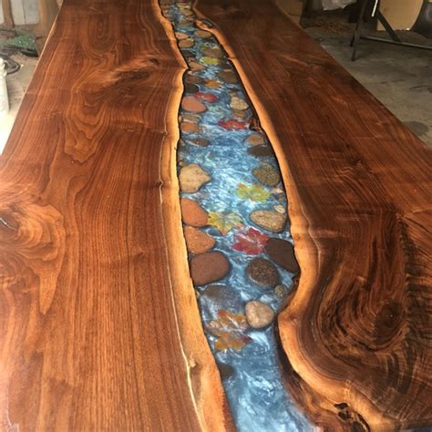 Walnut Live Edge River Table With Stone And Leaves Etsy