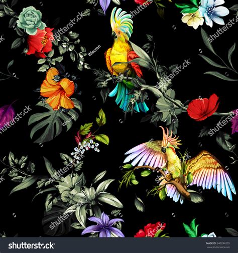 Seamless Pattern Parrots Cockatoo On Tropical Stock Vector Royalty