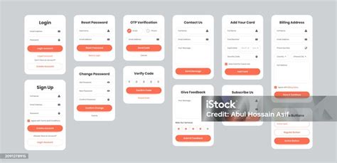 Ui 양식 요소 및 팝업 설정 로그인 가입 재설정 인증 피드백 계약 카드 추가 모바일 및 웹 사이트 용 청구 양식 그래픽 사용자 인터페이스에 대한 스톡 벡터 아트 및 기타