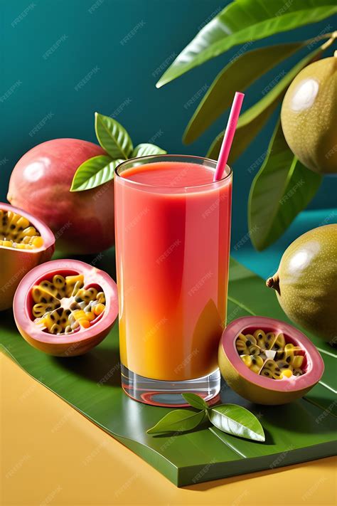 Passion Fruit Juice In A Glass On A Green Background 3d Rendering