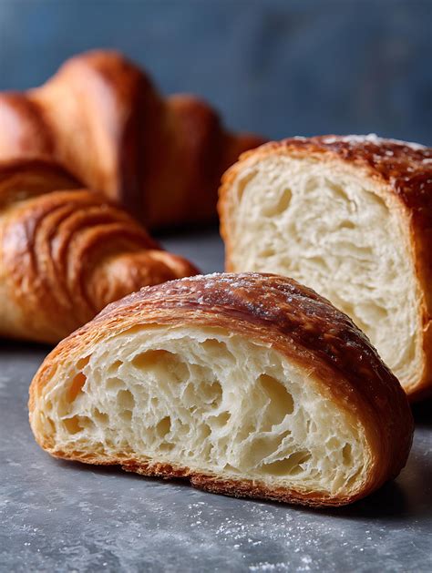 Close Up Of A Delicious Croissant Cut In Half Showing Flaky Layers And Airy Texture 66483834
