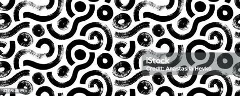 그런지 기하학적 이음새가 없는 패턴 거칠고 대담한 곡선 브러시 스트로크와 원 손으로 그린 벡터 구불구불한 선 낙서 두꺼운 모양 거친 가장자리 기하학적 요소 유기적 배경