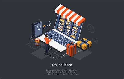 인포그래픽이 있는 벡터 등등 분석 구성 캐릭터와 객체가 있는 3d 만화 스타일 일러스트레이션 인터넷 스토어 개념 화면에 노트북 및 제품 온라인 주문 근처에 서 남자 등측
