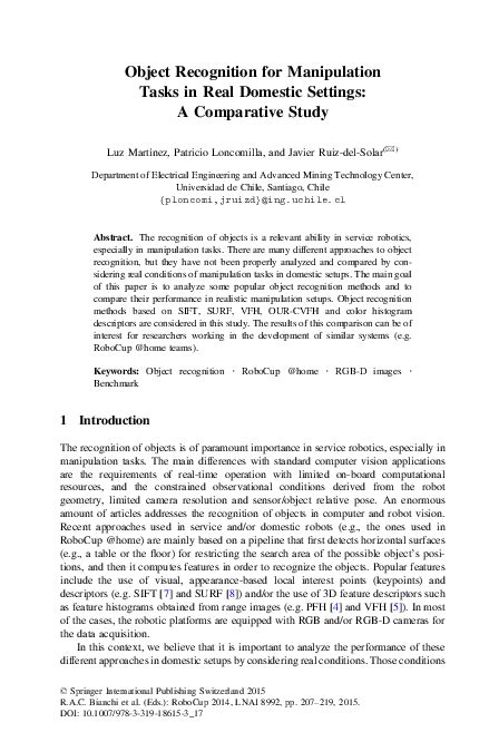 Pdf Object Recognition For Manipulation Tasks In Real Domestic