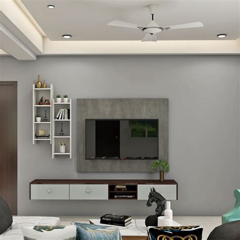 Compact TV Unit Design With White And Wood Console Livspace
