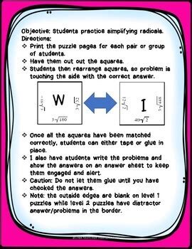 Simplifying Radicals Puzzle Set By Blue Mountain Math TpT