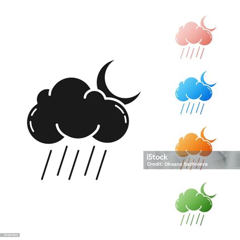 白い背景に隔離された雨と月のアイコンを持つ黒い雲雨滴と雨雲の降水量カラフルなアイコンを設定しますベクトルイラストレーション しずくの
