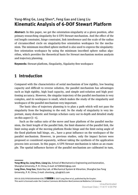 Pdf Kinematic Analysis Of 6 Dof Stewart Platform Proceedings Of The