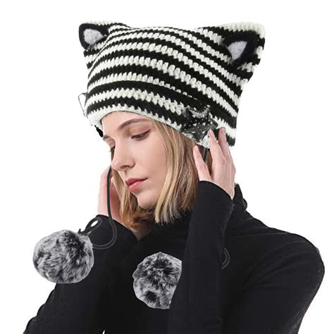 Linjis Woollen Hat Women Ear Hat With Pom Poms Star Goth Crochet