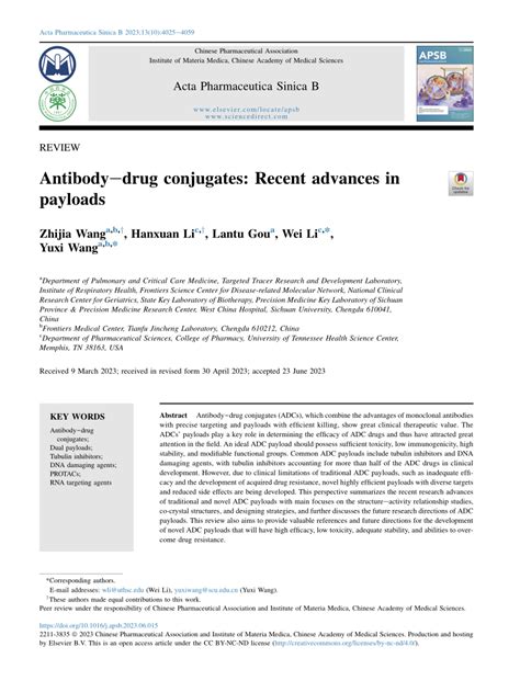 Pdf Antibodydrug Conjugates Recent Advances In Payloads