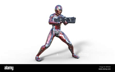 Futuristic Android Soldier Woman In Bulletproof Armor Vest Military