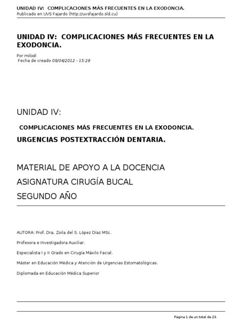 Uvs Fajardo Unidad Iv Complicaciones Ms Frecuentes En La Exodoncia 2012 11 07 Pdf