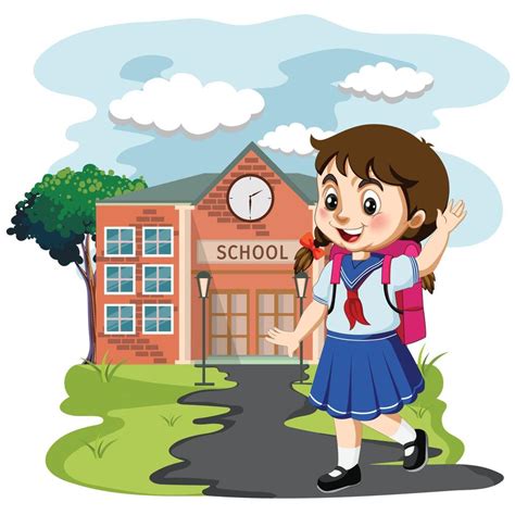 Linda Dibujos Animados Niña Yendo A Colegio Con Su Mochila Vector