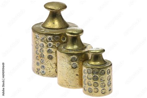Vintage Brass Weights With Several Calibration Hallmarks Isolated On