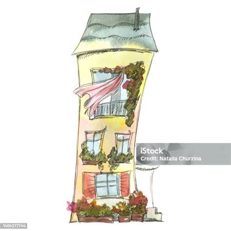 귀여운 집 그래픽 요소가있는 수채화 스케치 스타일 만화 큰 Paris에서 격리된 물체의 그림 책 엽서 소책자의 디자인 디자인 및 구성을 위해 거리에 대한 스톡 벡터 아트 및