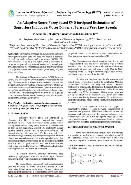 Irjet An Adaptive Neuro Fuzzy Based Smo For Speed Estimation Of Sensorless Induction Motor