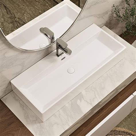 Los Flexi 39 In Bathroom Vessel Sink White Premium Ceramic Trough Sink